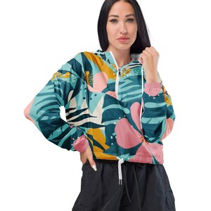 Sporty, Summer Tropical Crop Quarter Zip, Floral Windbreaker, Womens ...