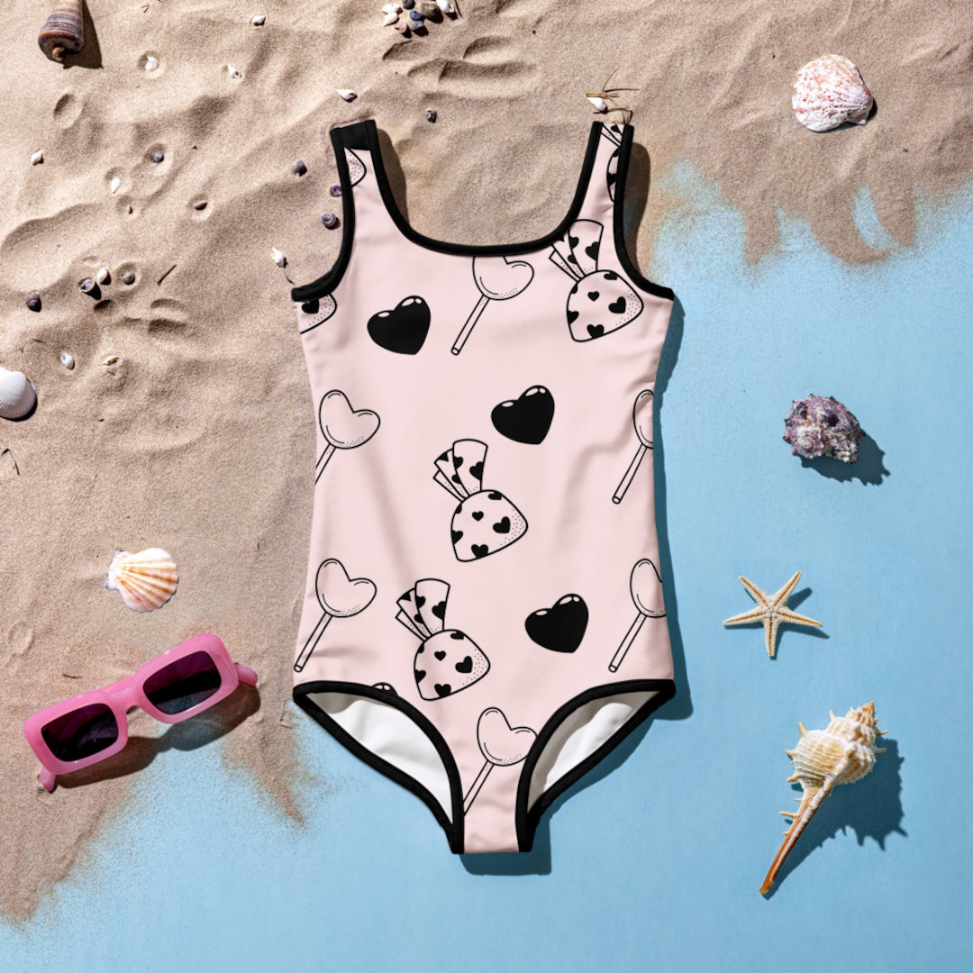 Heart Bathing Suit for Kids, Cute Pink Bathing Suit With Black Hearts ...