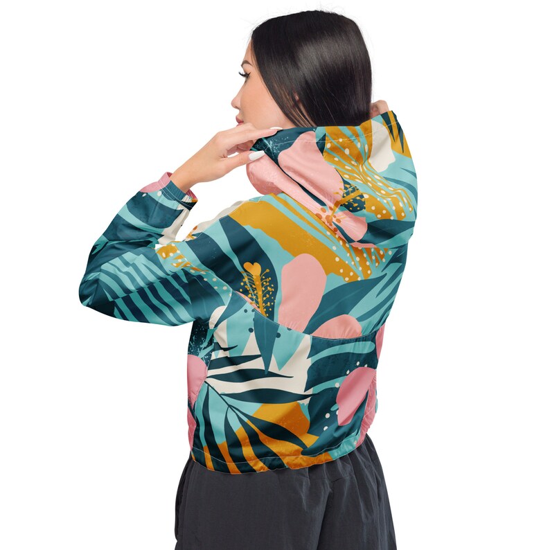 Sporty, Summer Tropical Crop Quarter Zip, Floral Windbreaker, Womens ...