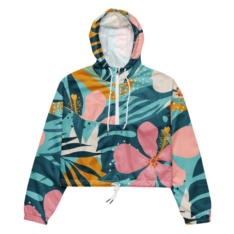 Sporty, Summer Tropical Crop Quarter Zip, Floral Windbreaker, Womens ...