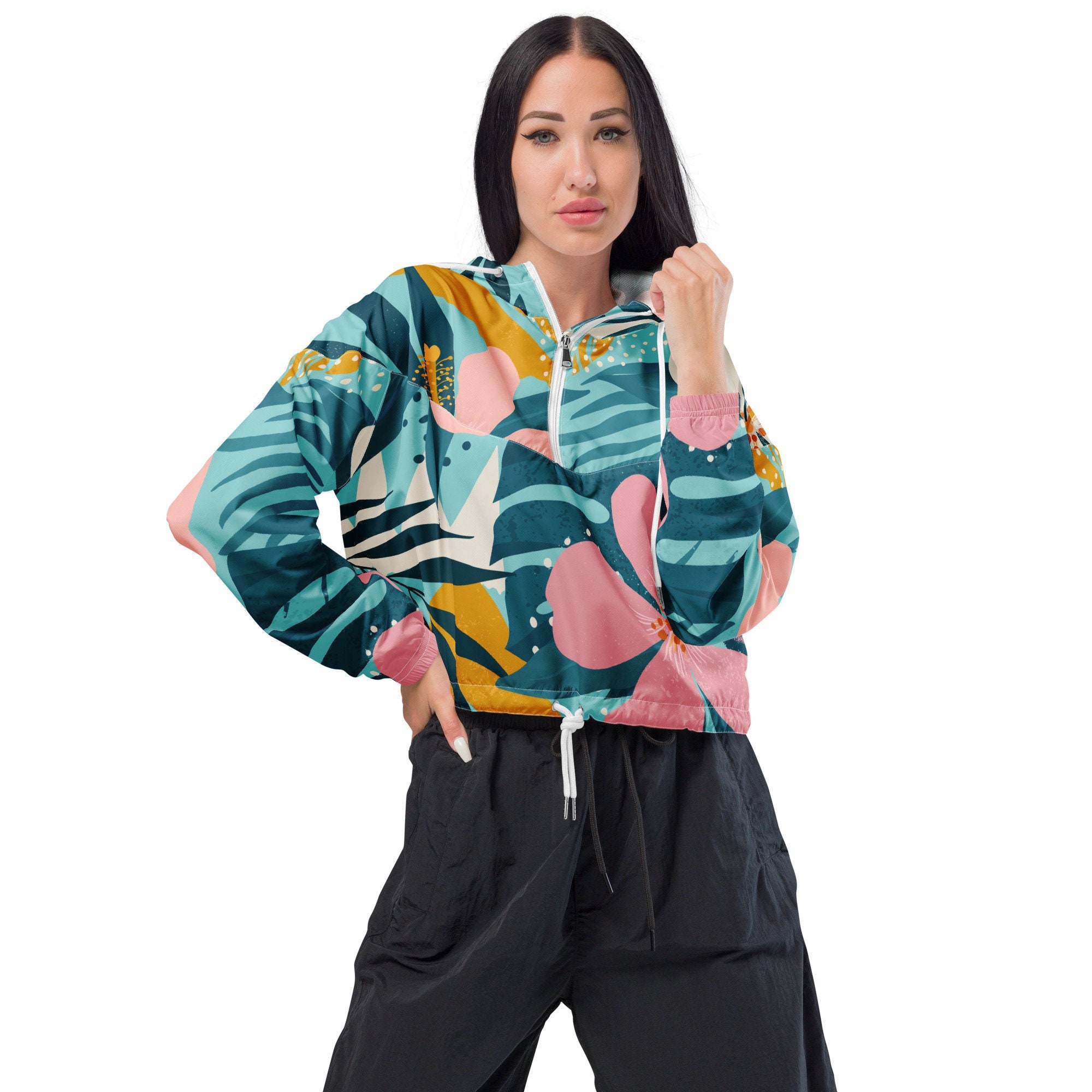 Sporty, Summer Tropical Crop Quarter Zip, Floral Windbreaker, Womens ...