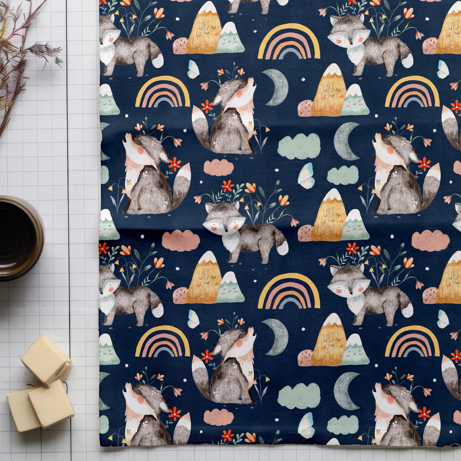 Navy Seamless Pattern Woodland Wolf Repeating Pattern for Fabric Moon ...