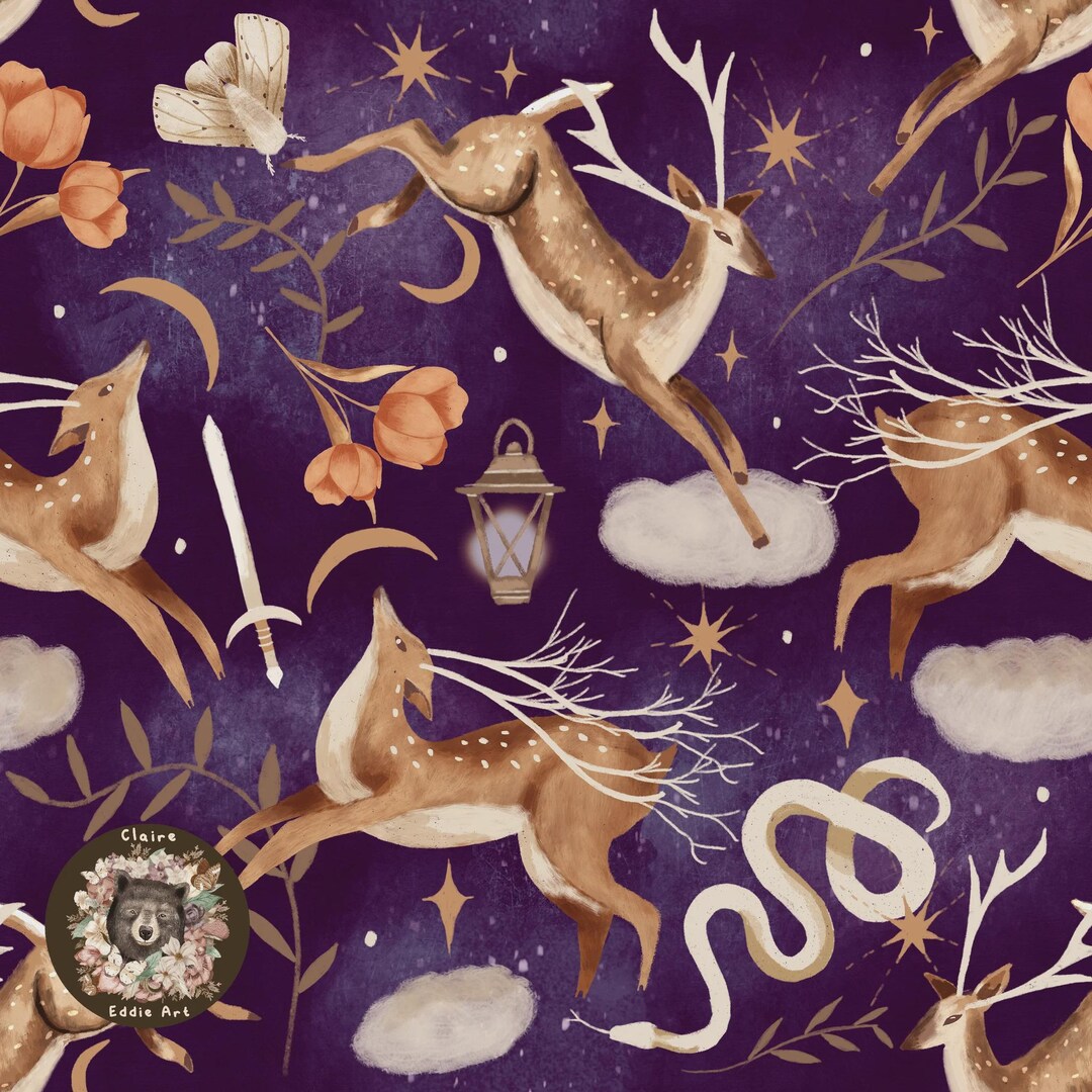 Stag Seamless Pattern for Fabric Celestial Repeat Pattern Cloud Repeating Pattern Woodland ...