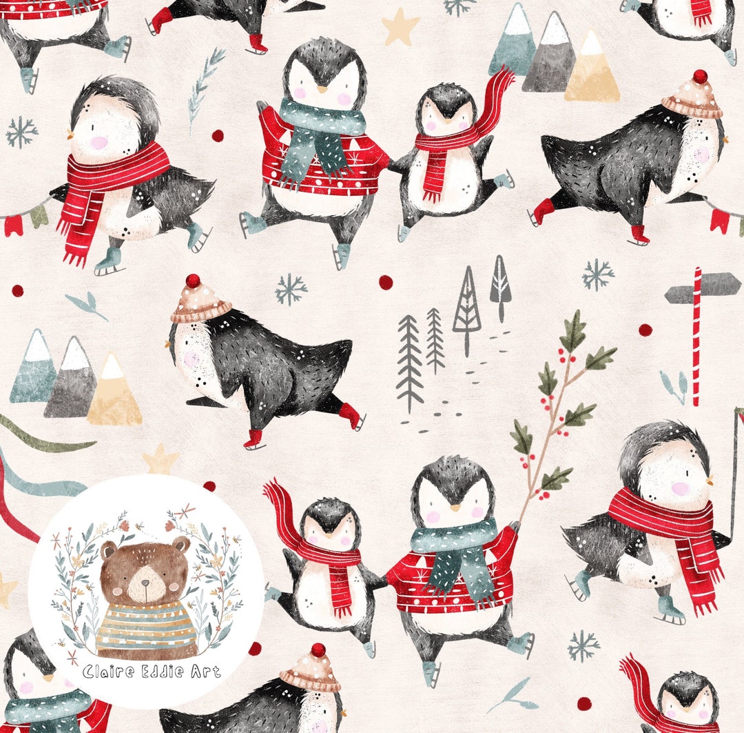 Christmas Seamless File Penguin Repeat Pattern Fir Fabric Festive ...