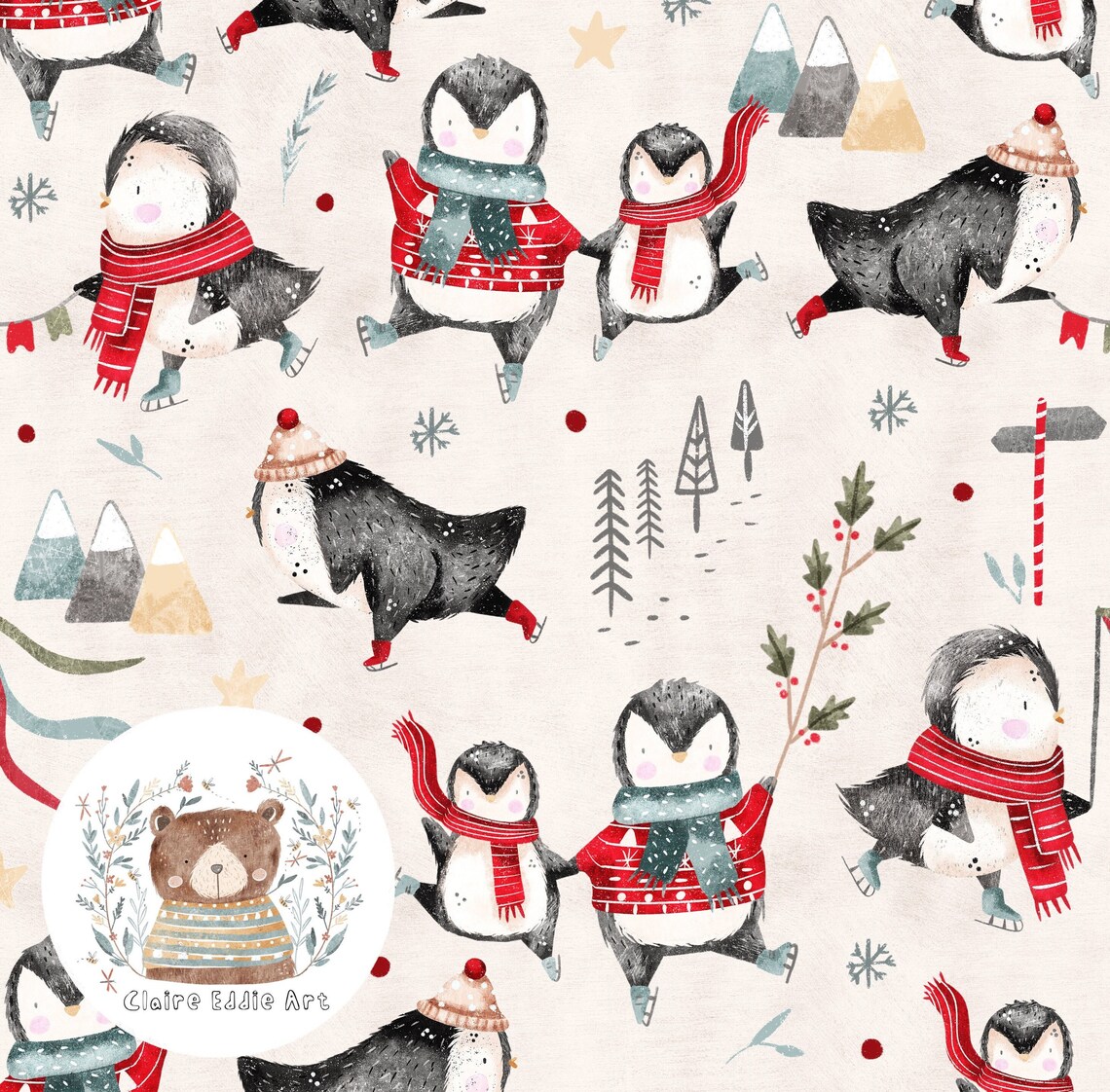Christmas Seamless File Penguin Repeat Pattern Fir Fabric Festive ...