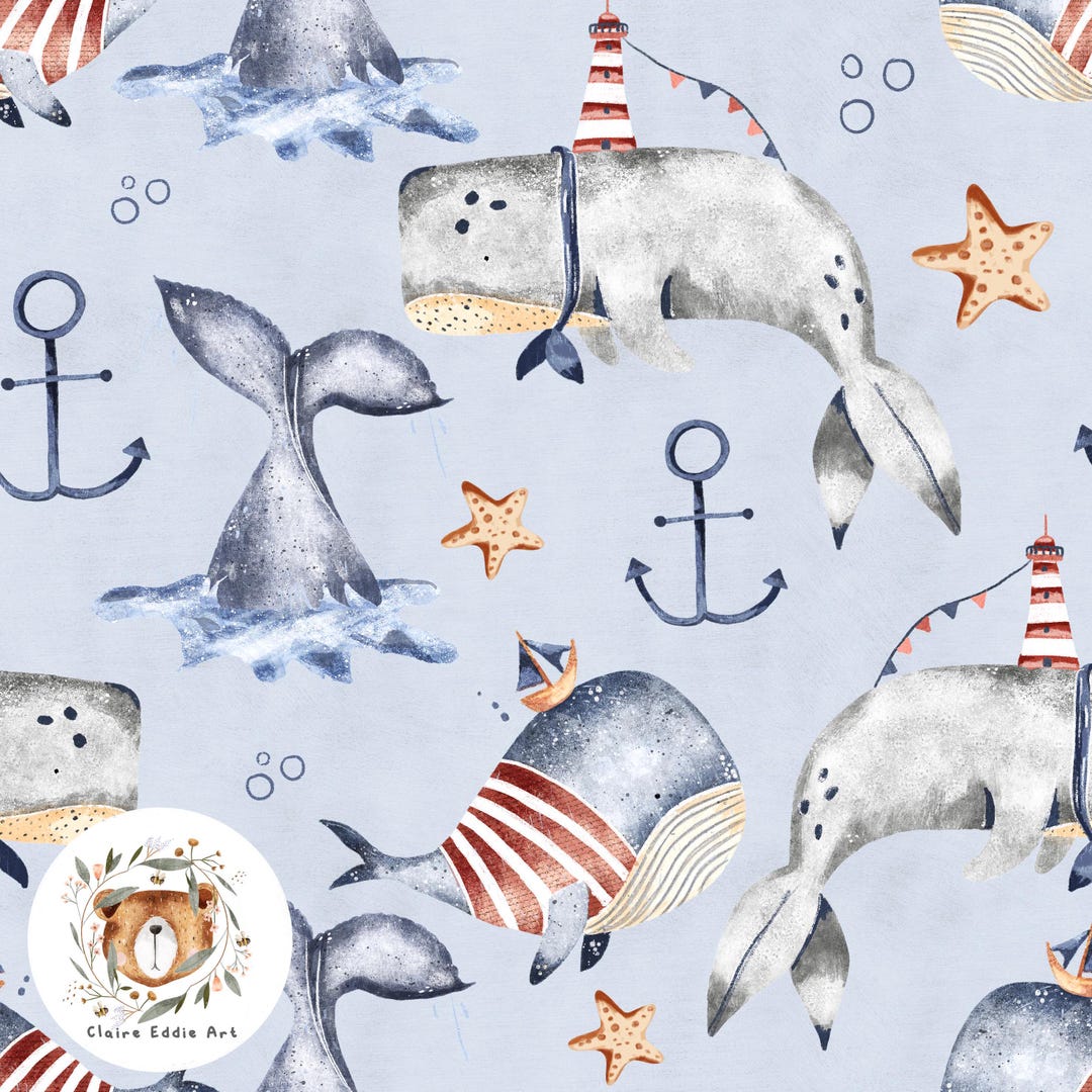 Blue Whale Seamless Pattern Swimming Digital Paper Nautical Theme ...