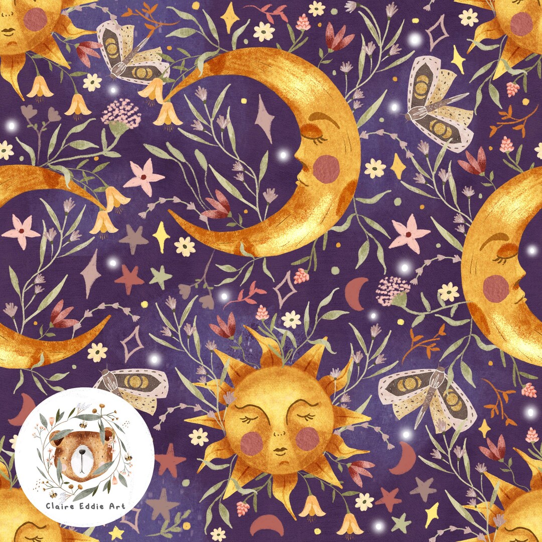 Space Seamless Pattern Stars Digital Paper Sun Repeat Pattern for ...