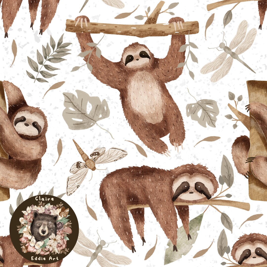 Sloth Seamless Pattern Cute Sloth Digital Paper Jungle Repeat Pattern ...