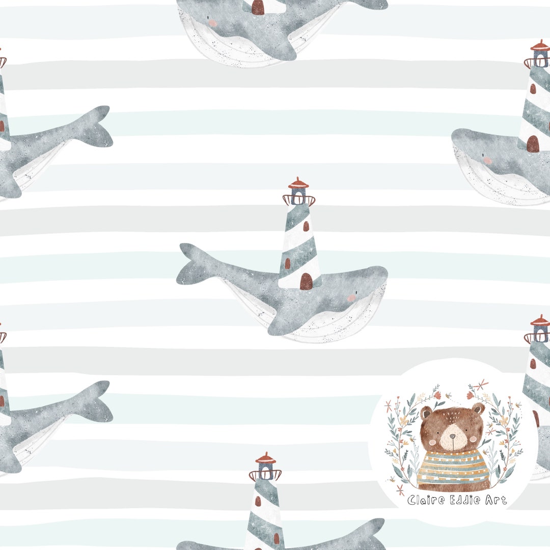 Nautical Stripe Seamless Pattern Cute Whale Repeat Pattern for Fabric ...