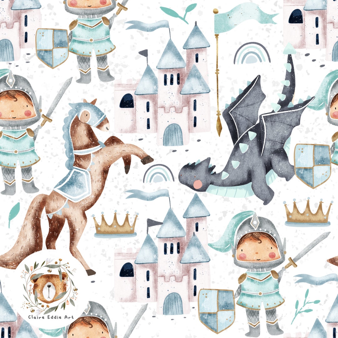 Knight Seamless Pattern Boys Dragon Repeating Pattern for Fabric Castle ...
