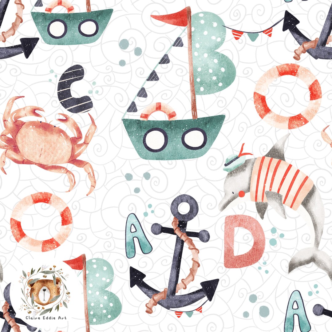Nautical Seamless Pattern Alphabet Digital Paper ABC Repeat Pattern for ...