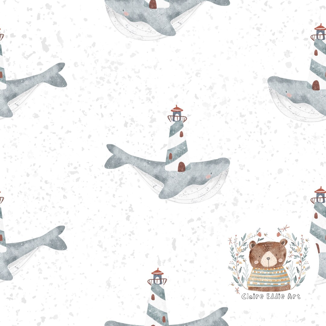 Whale Seamless Pattern Nautical Repeat Pattern for Fabric Lighthouse ...