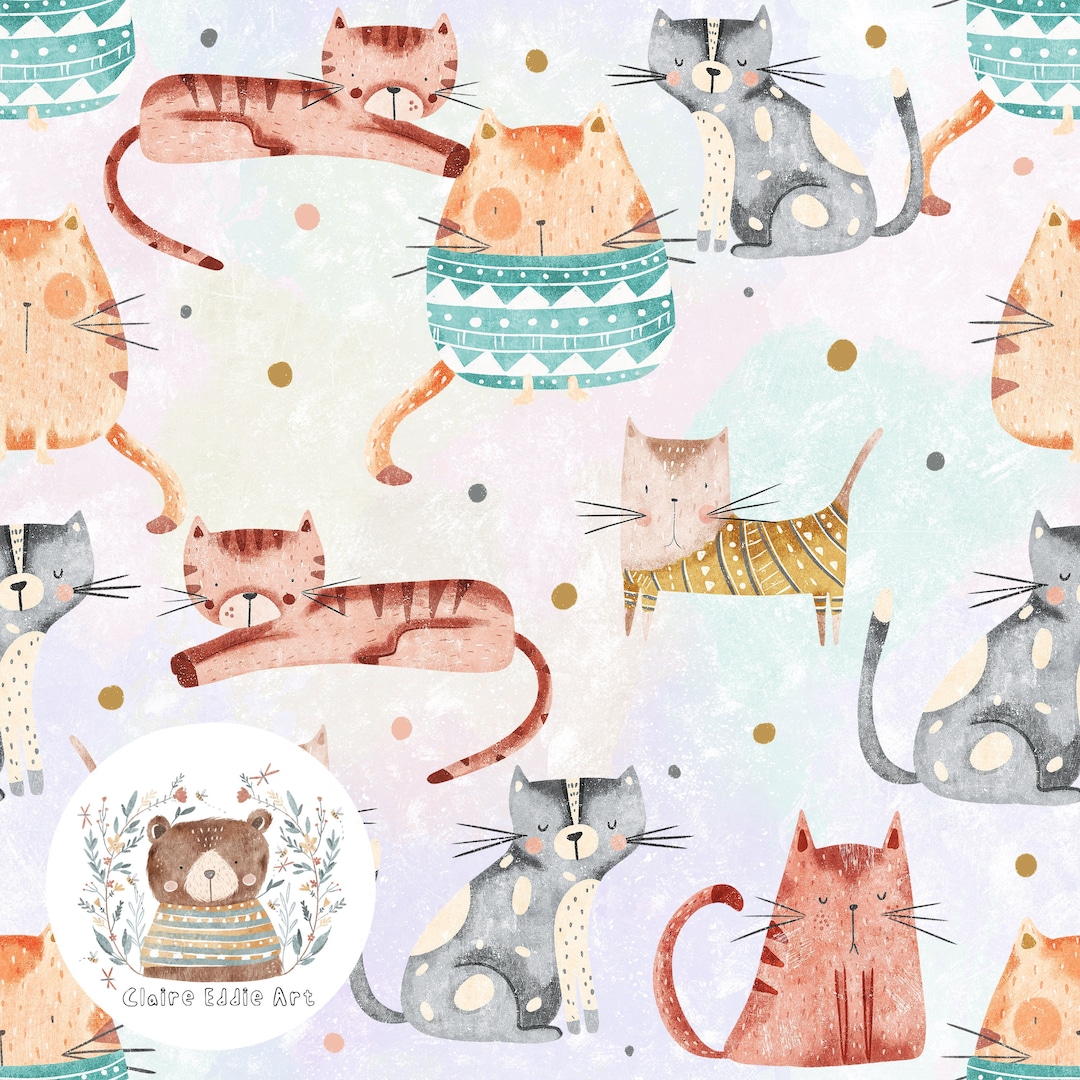 Pastel Cat Seamless Pattern Cute Cat Repeat Pattern for Fabric Abstract ...