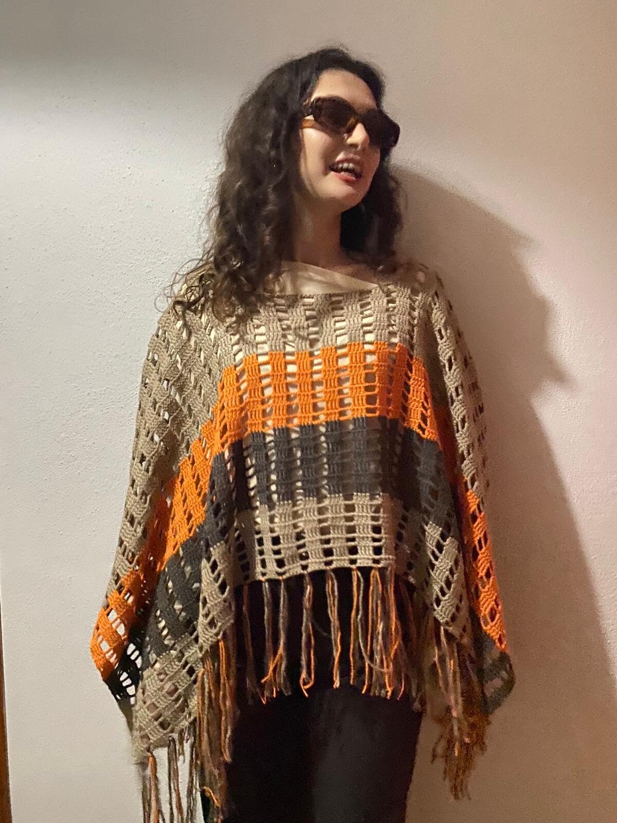 Crochet Poncho, Fringed Poncho Triangle Poncho, Shrug, Colorful Shawl ...