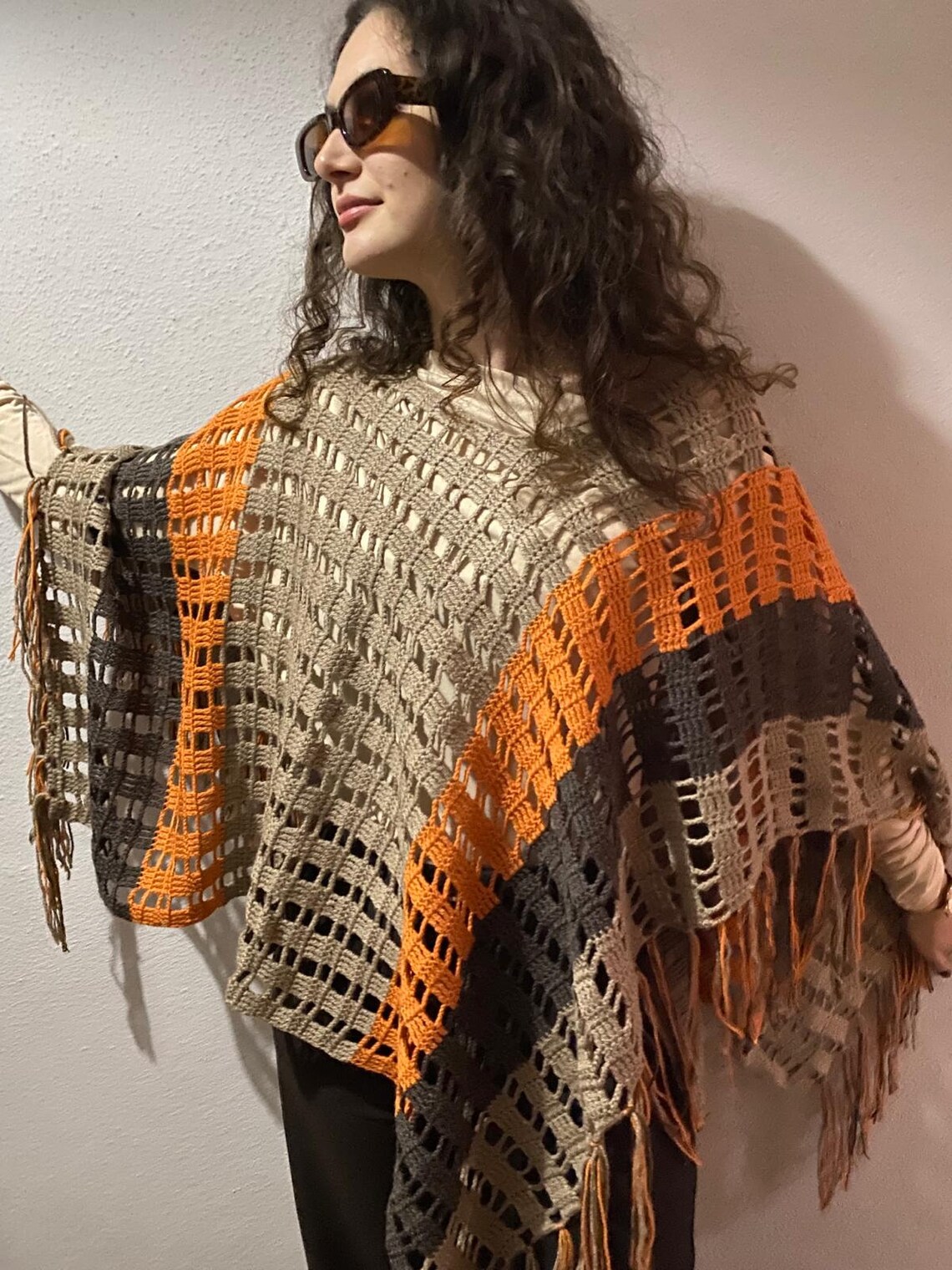 Crochet Poncho, Fringed Poncho Triangle Poncho, Shrug, Colorful Shawl ...
