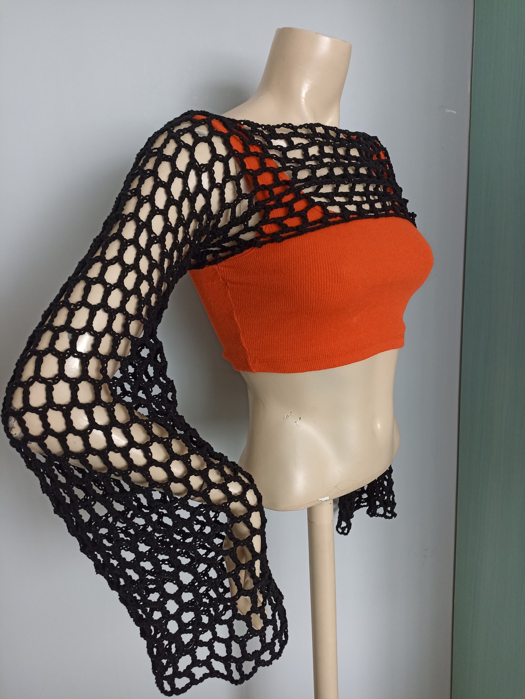 Crochet Fishnet Crop, Handmade Fishnet Bolero, Crochet Long Sleeve Top ...