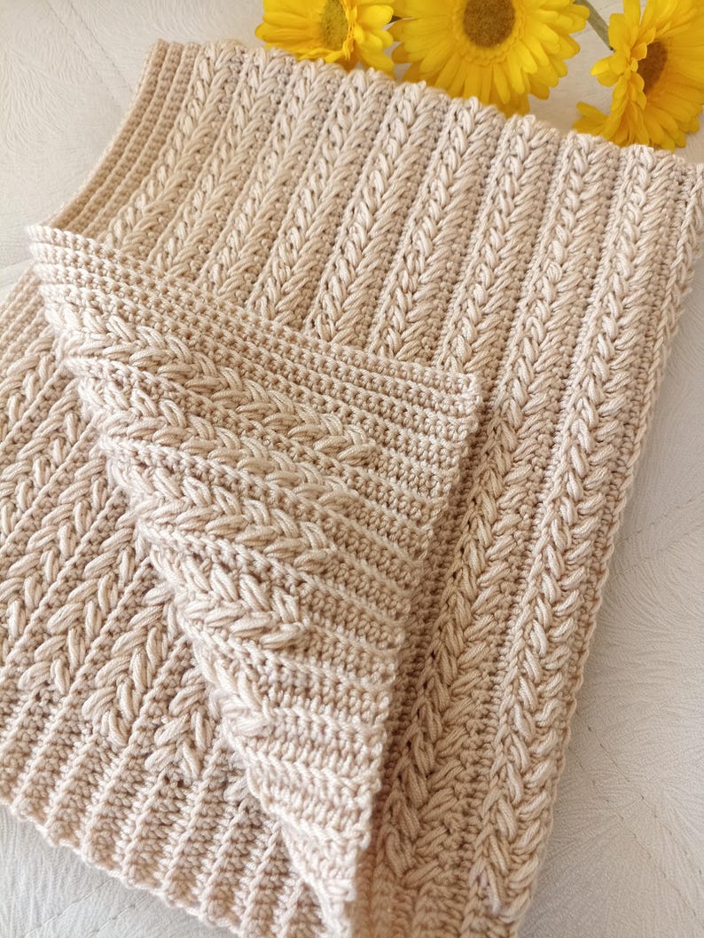 Hand Crocheted Baby Blanket Cozy Braided Wheat Stitch Neutral Cotton ...