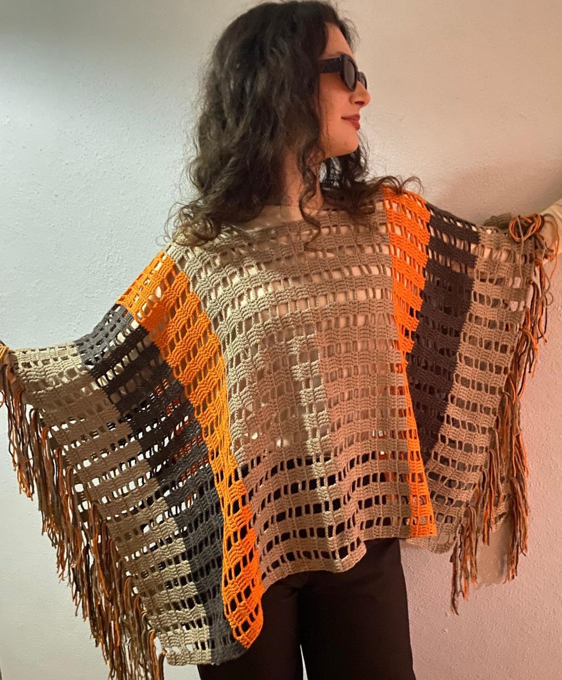 Crochet Poncho, Fringed Poncho Triangle Poncho, Shrug, Colorful Shawl ...