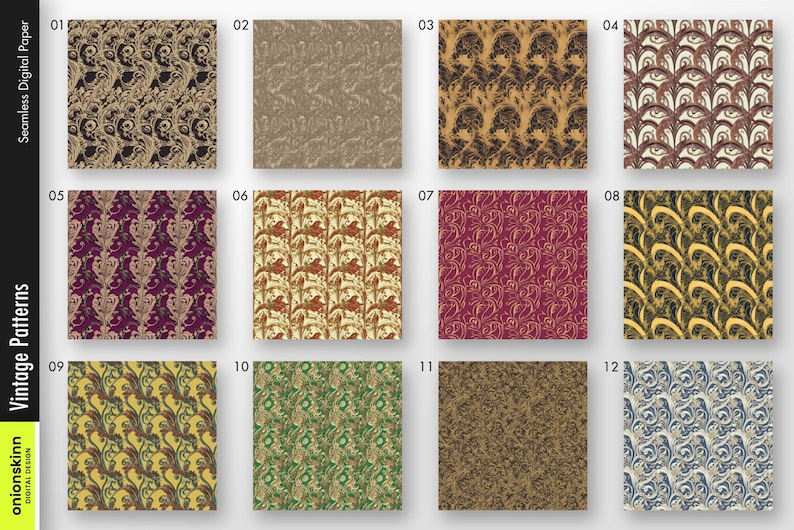 Vintage Patterned DIGITAL SEAMLESS PAPER Green Brown Floral Patterns ...