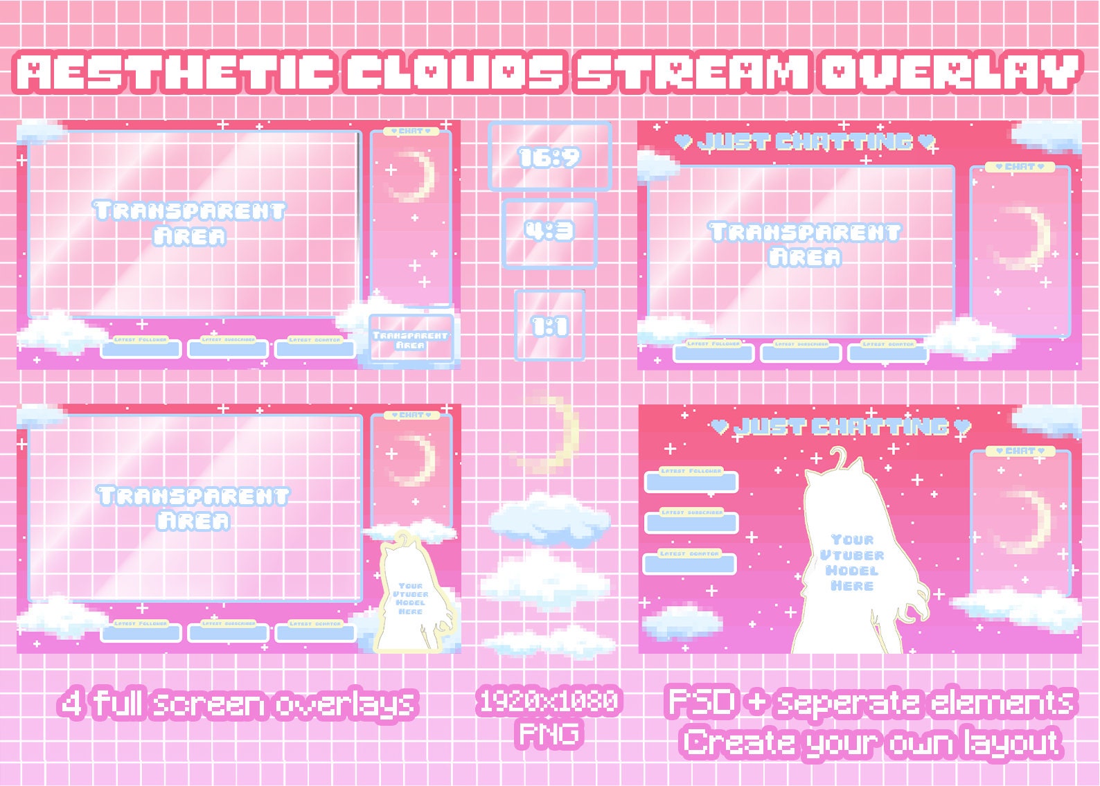 Animated & Static Stream Overlay Package for Twitch, Cute Aesthetic ...