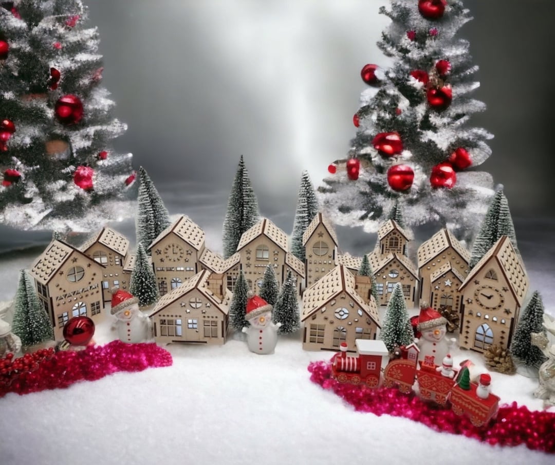 Physical Product! 10pcs Christmas Village Light up Wooden Decoration ...