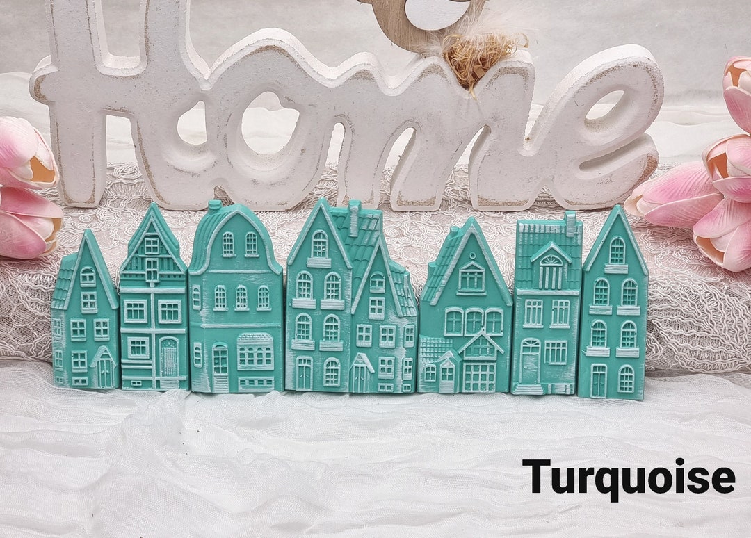 7 Piece Set, Painted Ceramic Houses, Colorful Village, Ceramic House ...