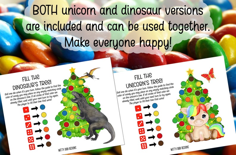 Printable Roll A Tree Christmas Unicorn and Dinosaur Game - Activity ...