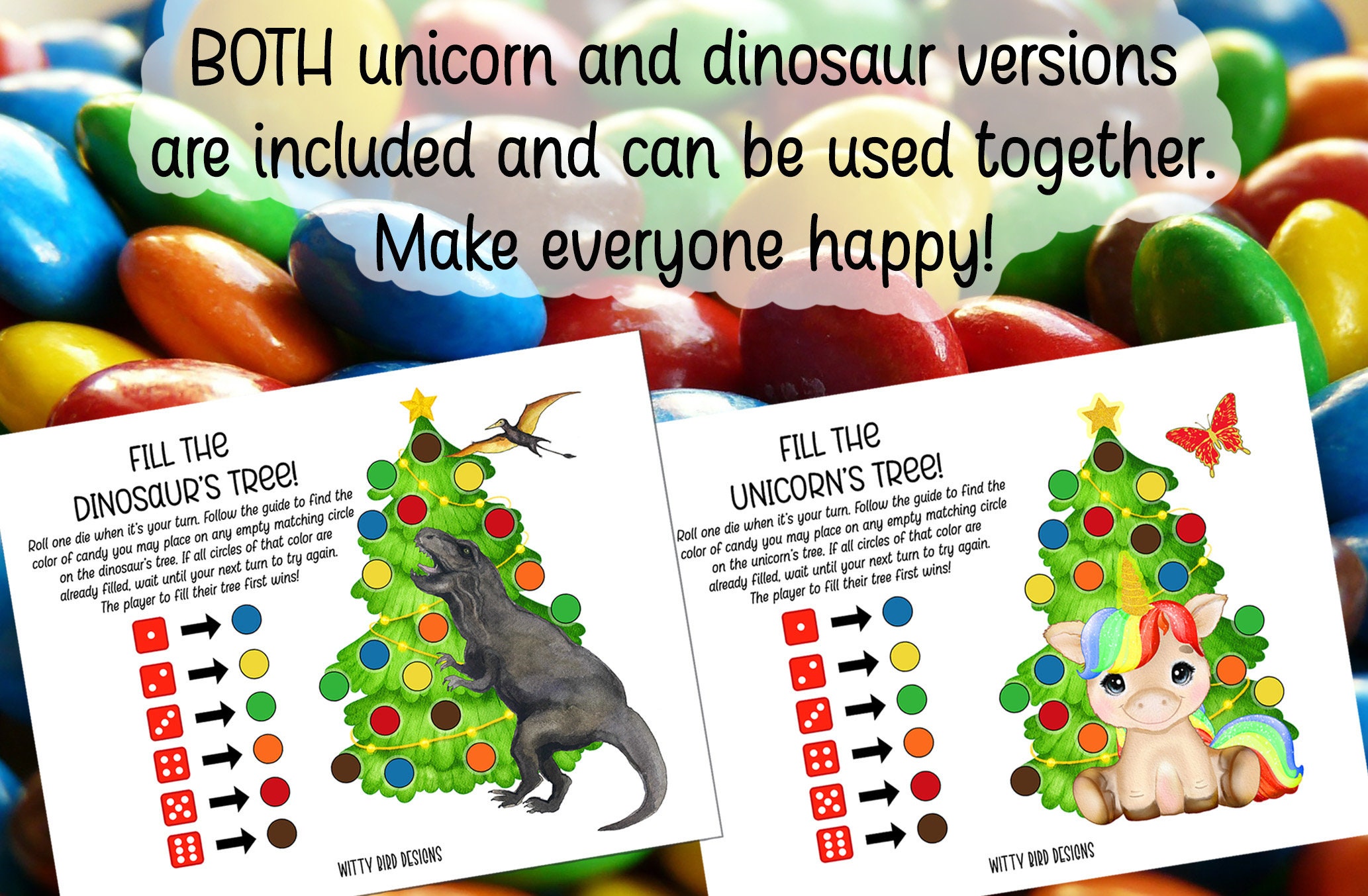 Printable Roll A Tree Christmas Unicorn and Dinosaur Game Activity ...