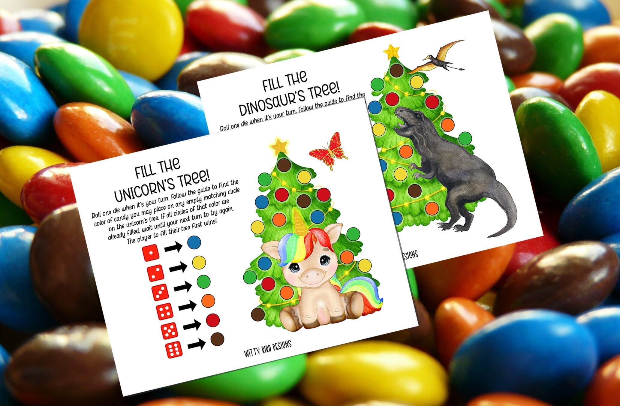 Printable Roll A Tree Christmas Unicorn and Dinosaur Game Activity ...