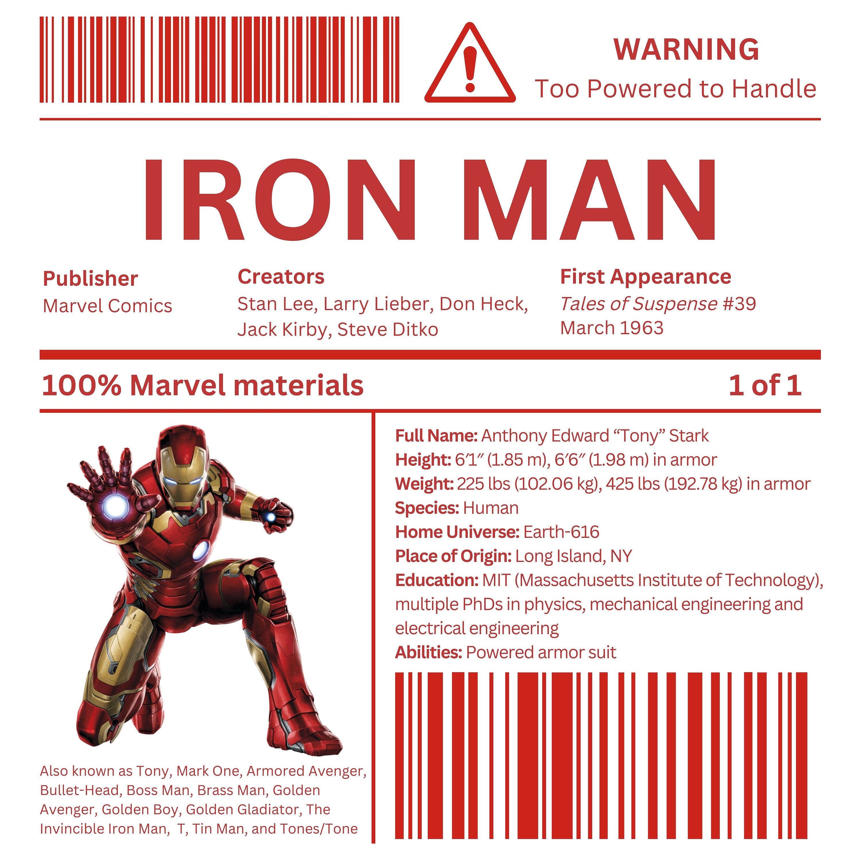 Iron Man Barcode Image SVG JPG PNG Marvel Comics Tony - Etsy