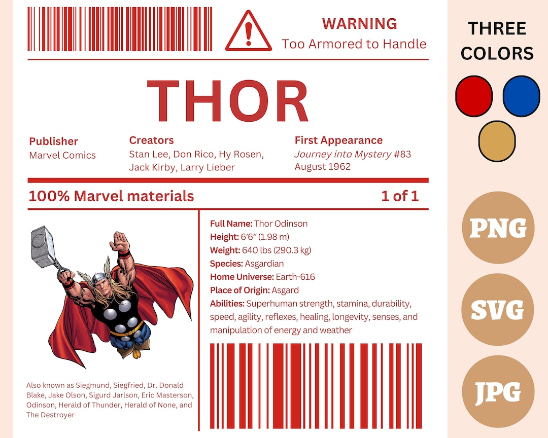 Thor Odinson Barcode Image SVG JPG PNG Marvel Comics - Etsy