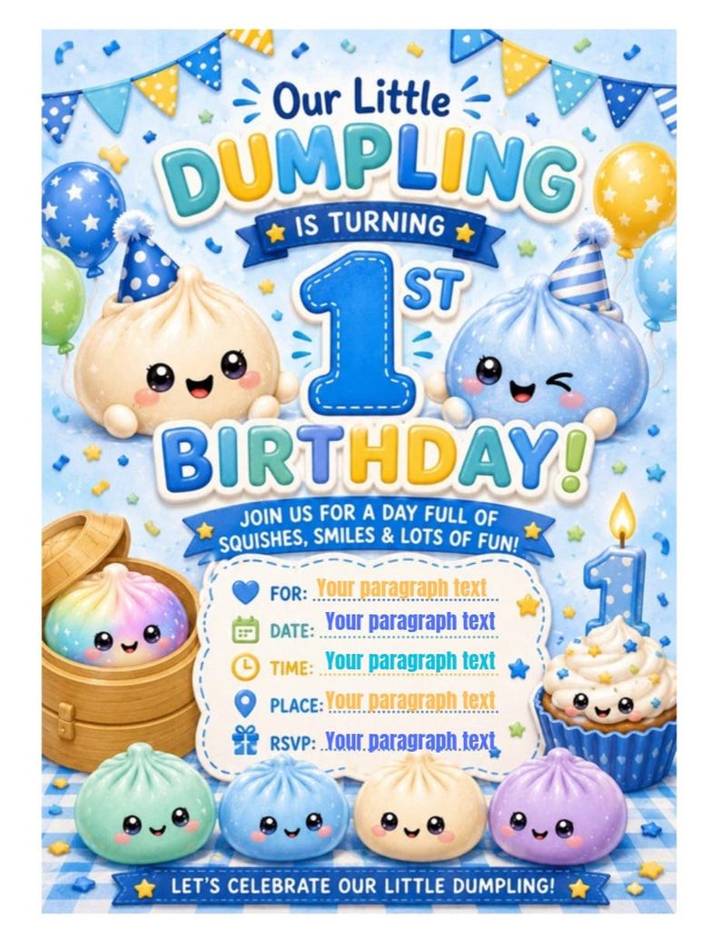 Squishy Dumpling 1st Birthday Invitation, Editable Birthday Invite ...