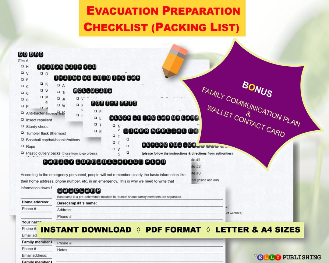 Evacuation Prep Checklist, Go Bag Pack Guide, Wildfires, Flood, Tornado, Hurricane, Chemical ...