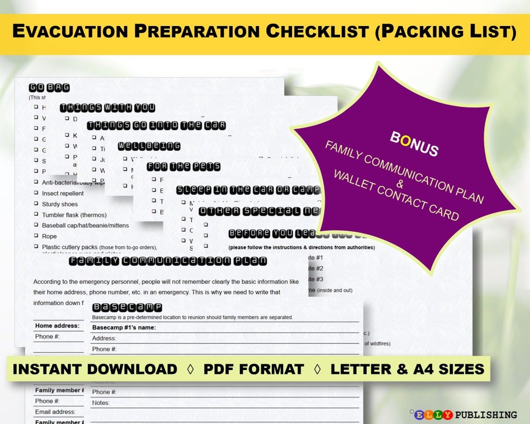 Evacuation Prep Checklist Go Bag Pack List Wildfires Flood - Etsy