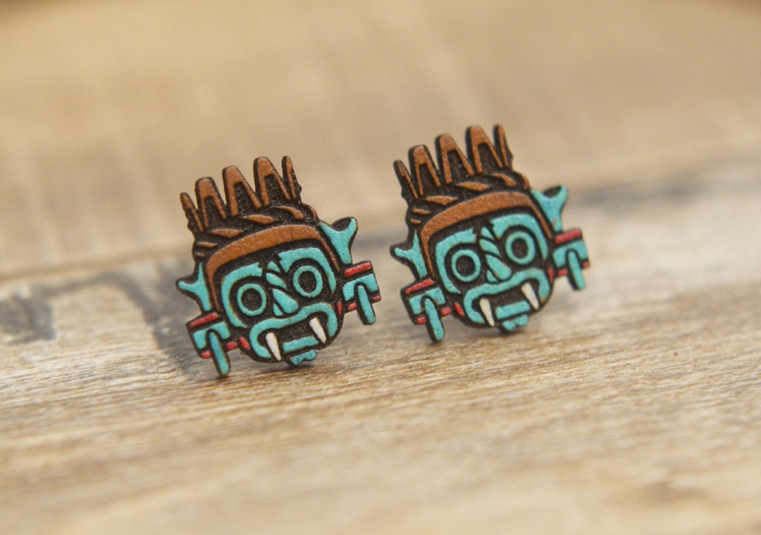 Aztec Mayan Jewelry, Wooden Stud Earrings Set, Hand Painted | Tlaloc ...