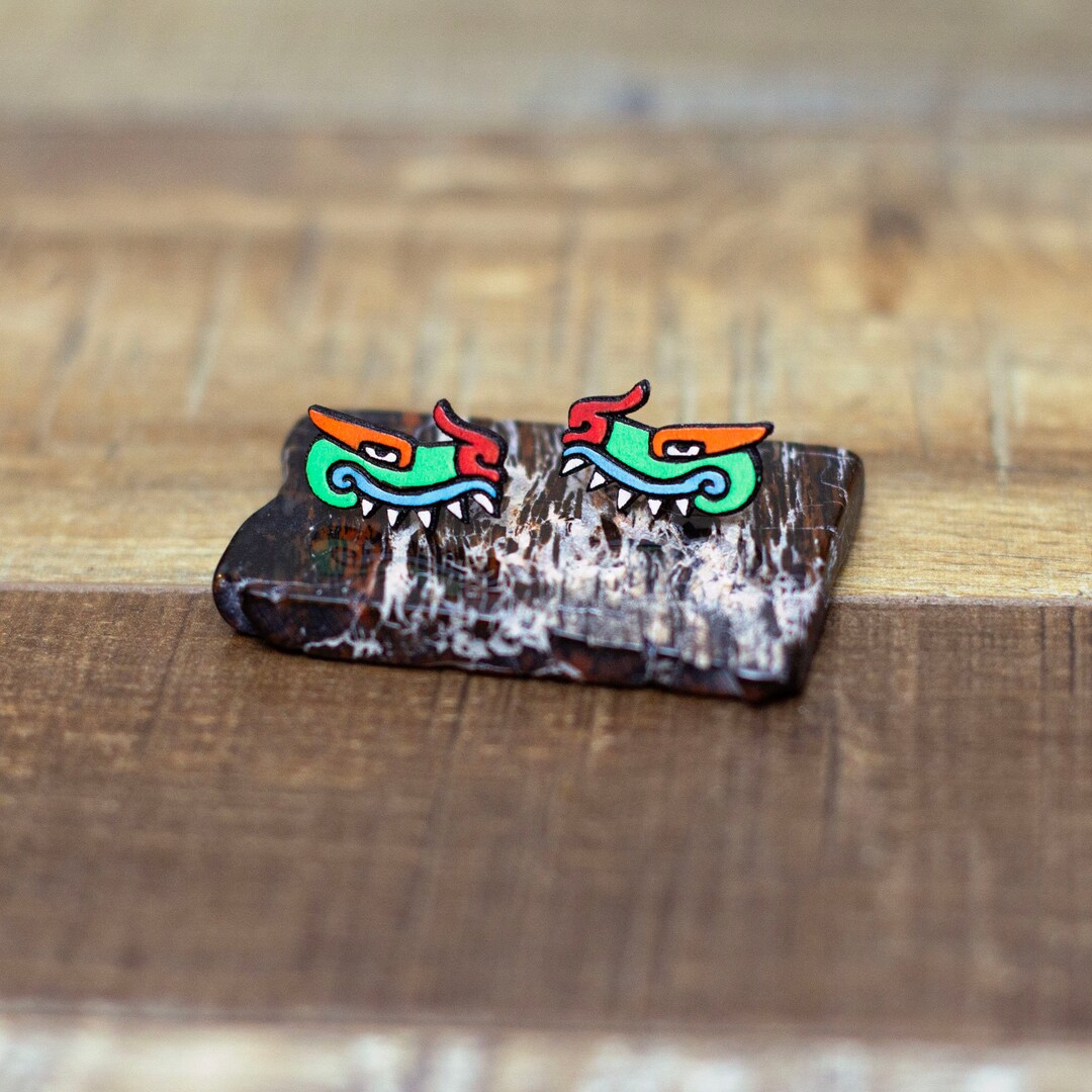 Cipactli (crocodile or Caiman) Wood Stud Earrings, Hand Painted, Aztec ...