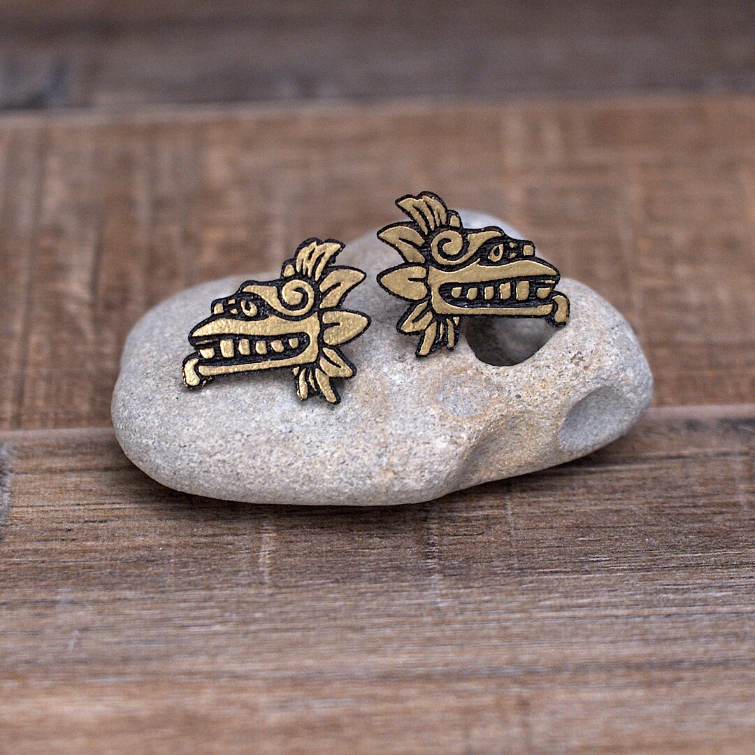 Hand-painted Quetzalcoatl Earrings: Aztec Mayan Gold Studs - Etsy