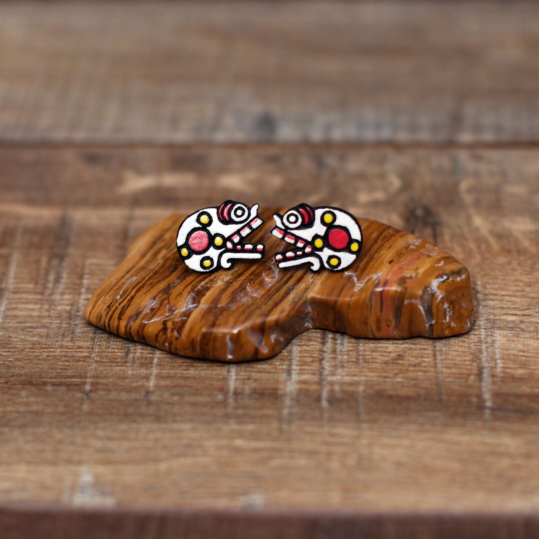 Miquiztli death Borgia Wood Stud Earrings, Hand Painted, Aztec Mayan ...