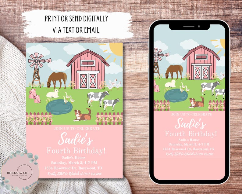 Pink Farm Birthday Invitation for Girls | Instant Download ...