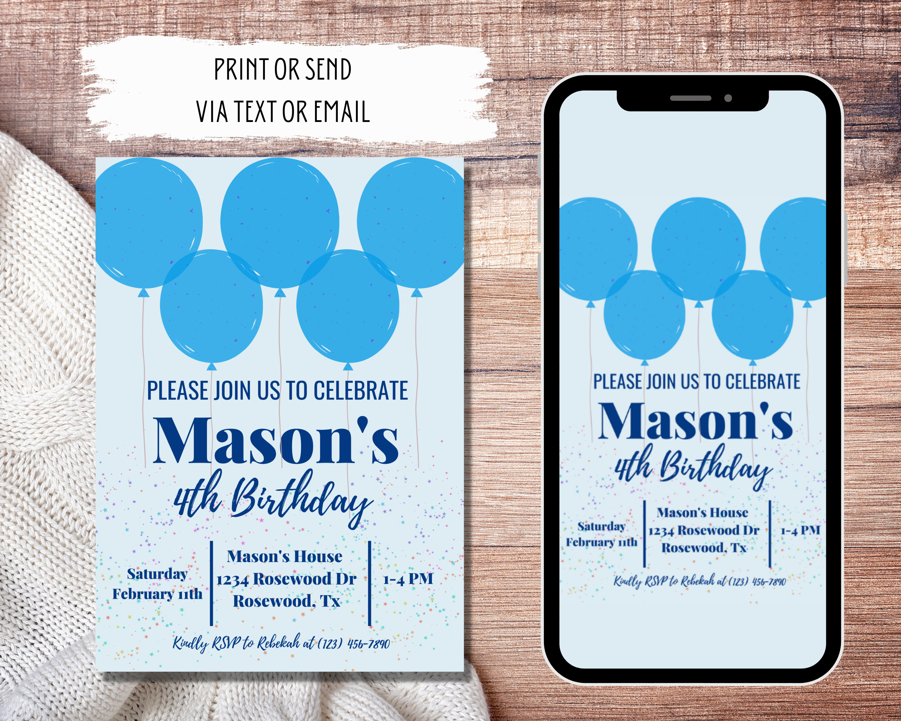 Blue Birthday Invitation | Instant Download | Customizable Template | 5 ...