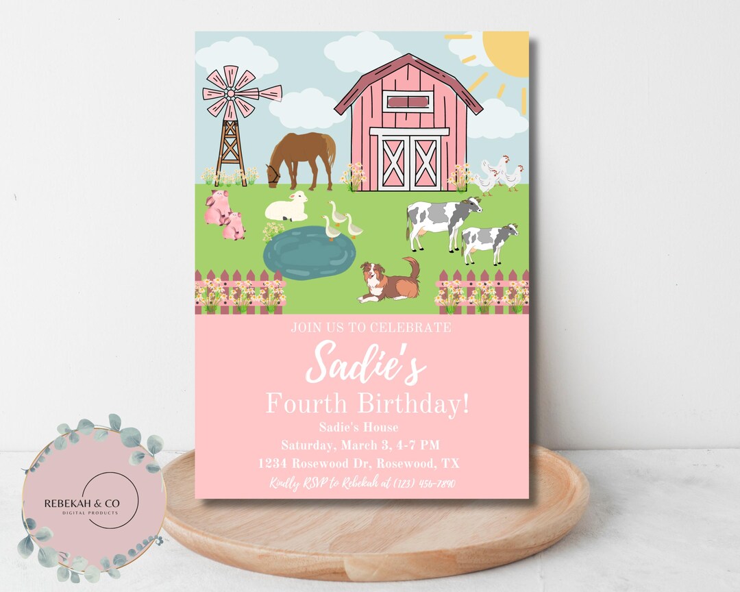 Pink Farm Birthday Invitation for Girls | Instant Download ...