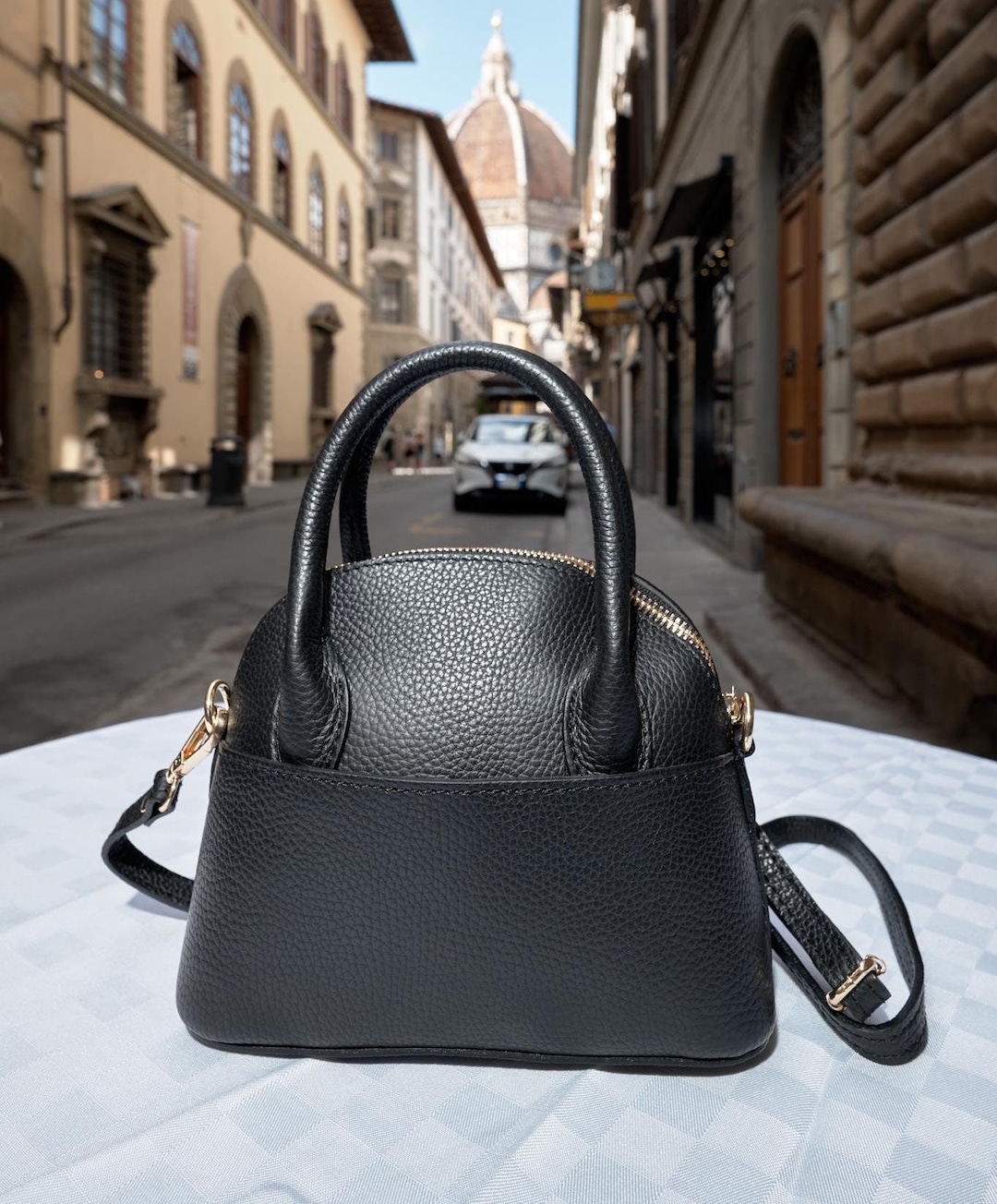 Italian Handmade Black Leather Handbag, Elegant Gold-accented Tote From ...