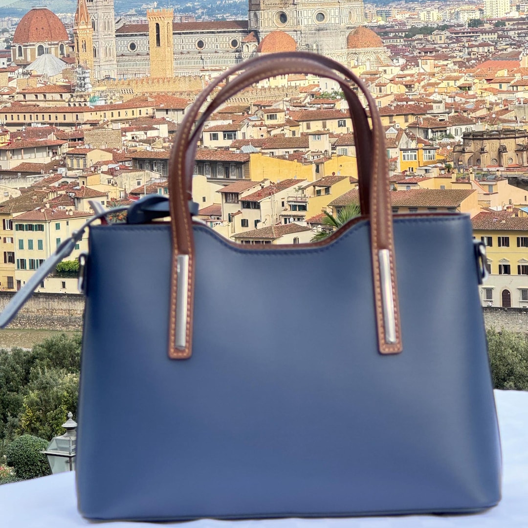 Elegant Italian Leather Handbag | Navy Blue Tote With Brown Handles ...