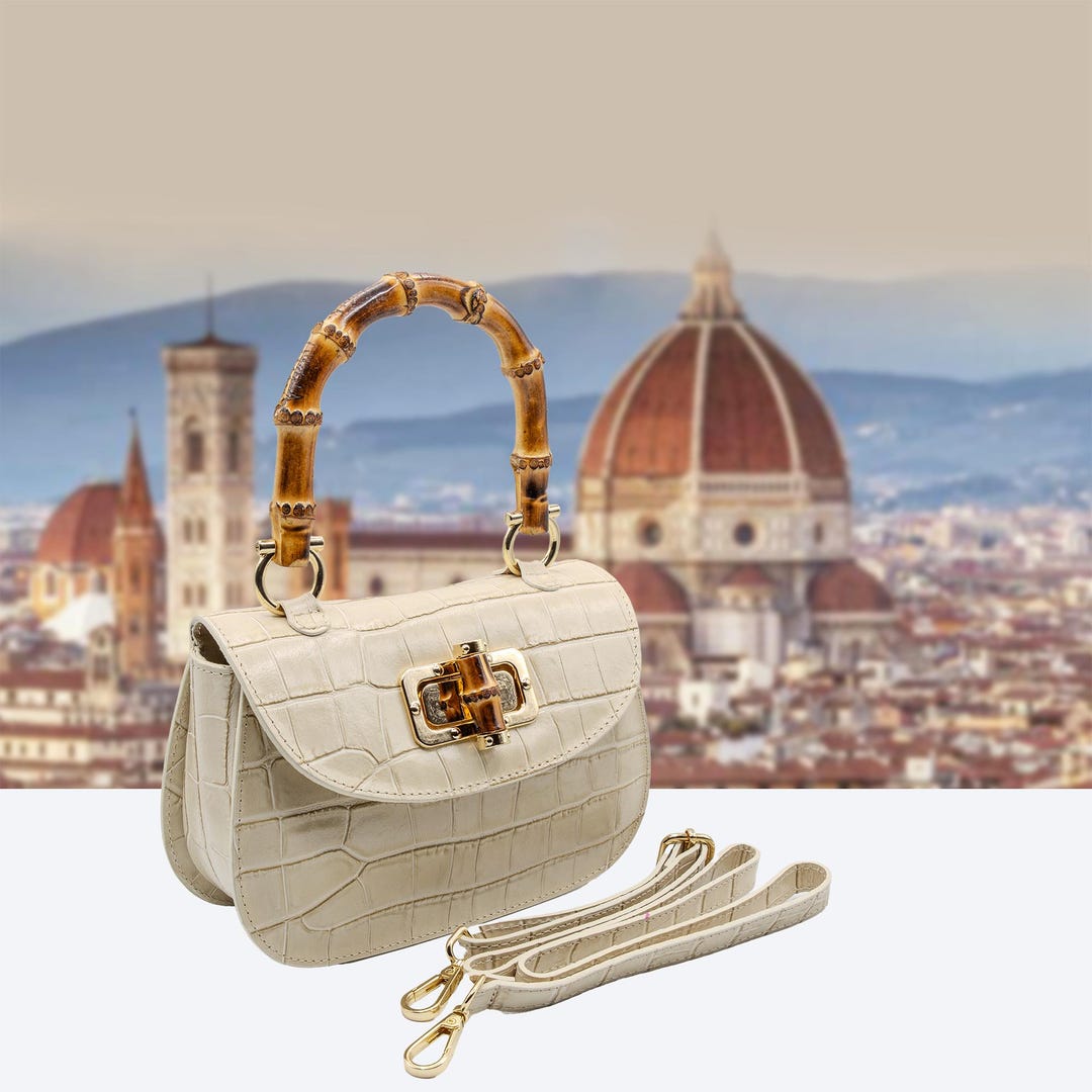 Italian Handmade Leather Bag for Women | Elegant Cream Croc Embossed ...