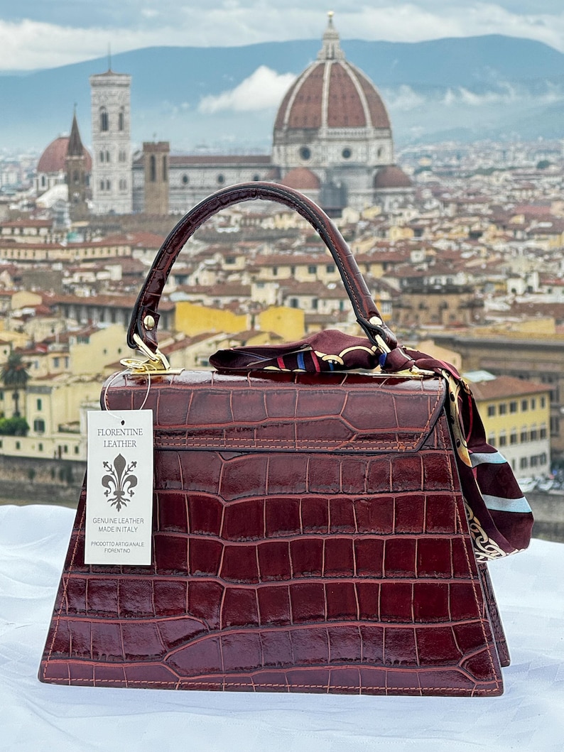 Crocodile Embossed Italian Leather Handbag With Gold Chain - Elegant ...