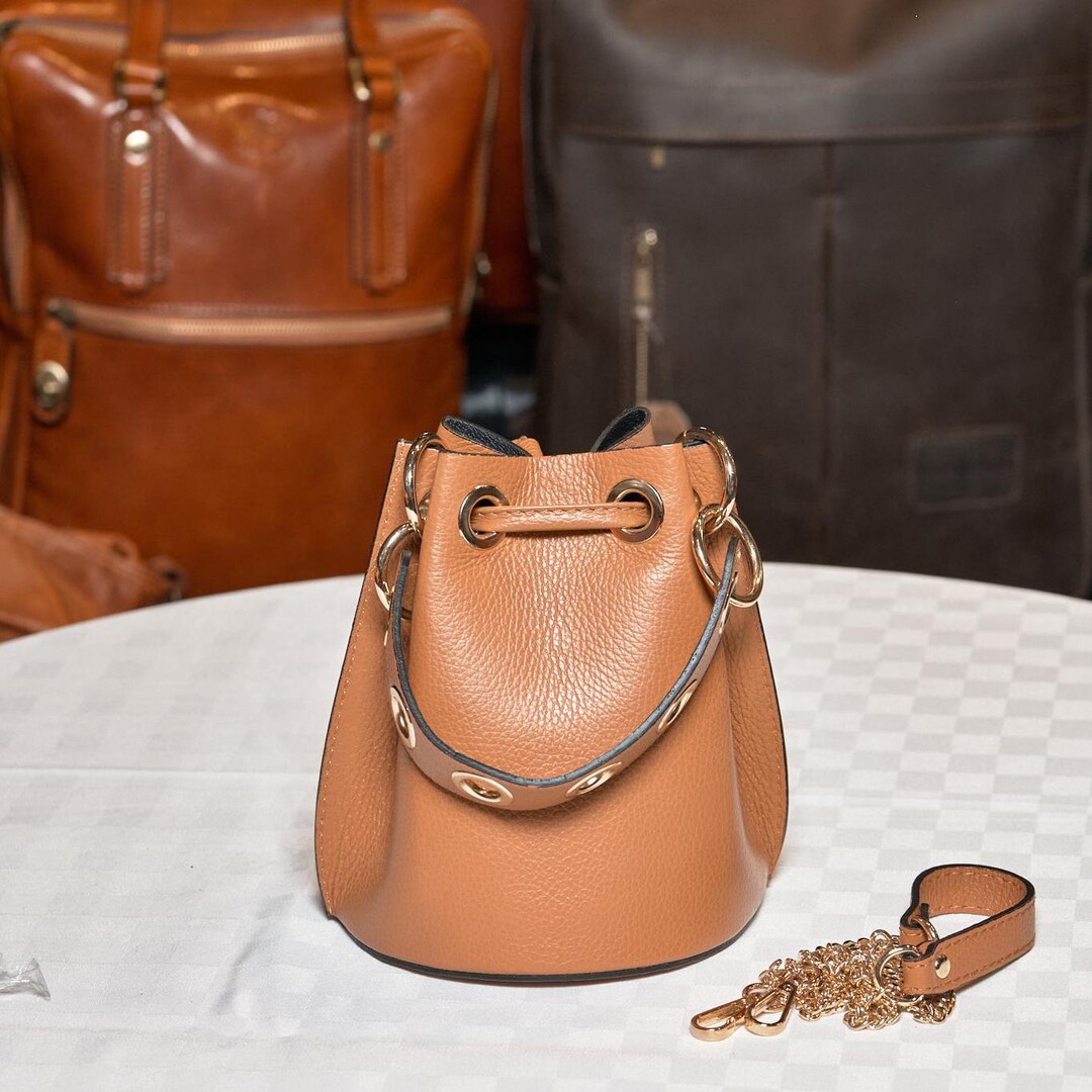 Italian Handmade Leather Bucket Bag | Elegant Caramel Brown With Gold ...