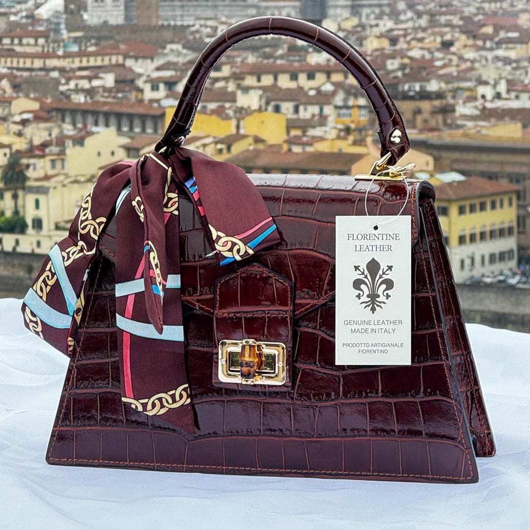 Crocodile Embossed Italian Leather Handbag With Gold Chain - Elegant ...