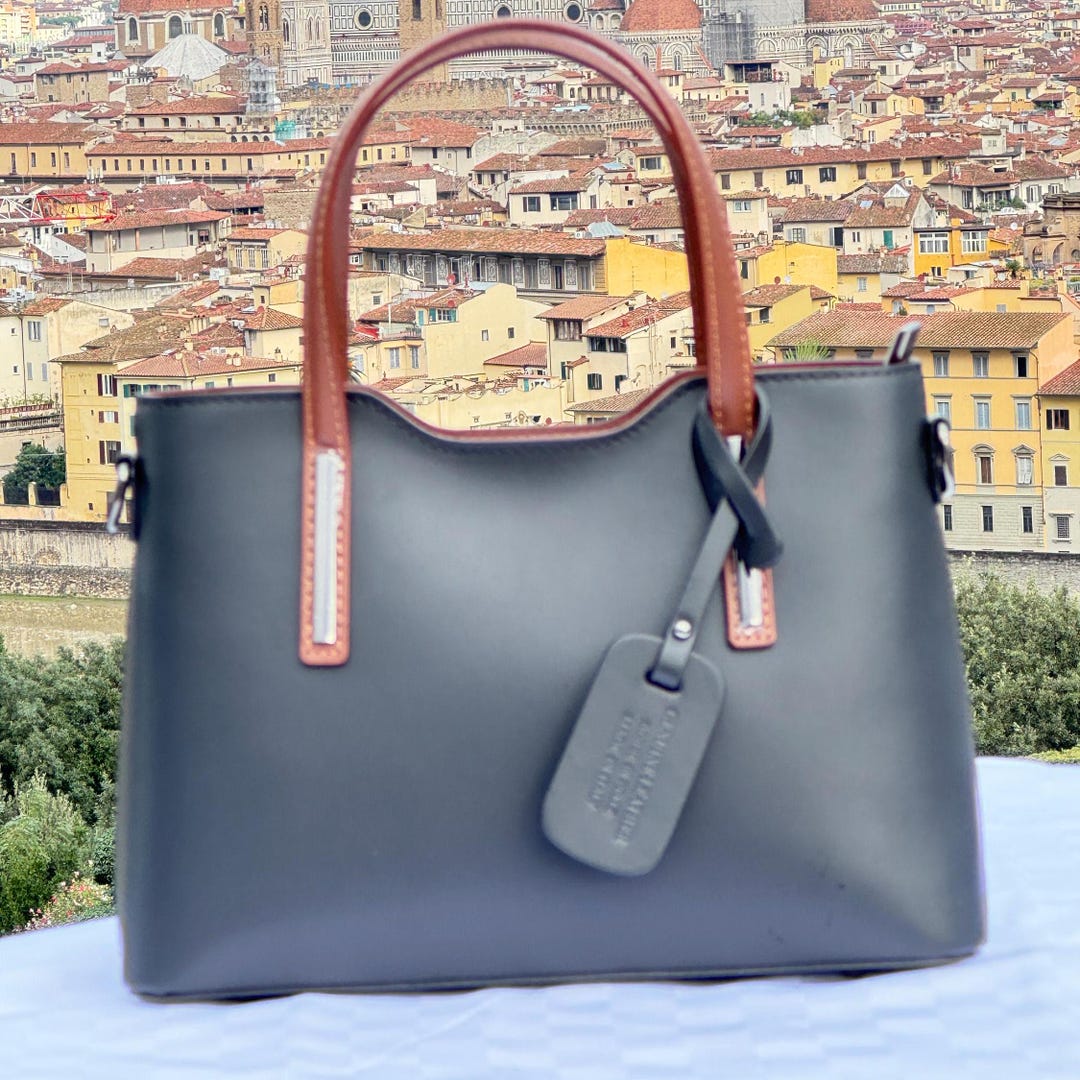 Elegant Italian Leather Handbag – Black With Brown Handles | Made in ...