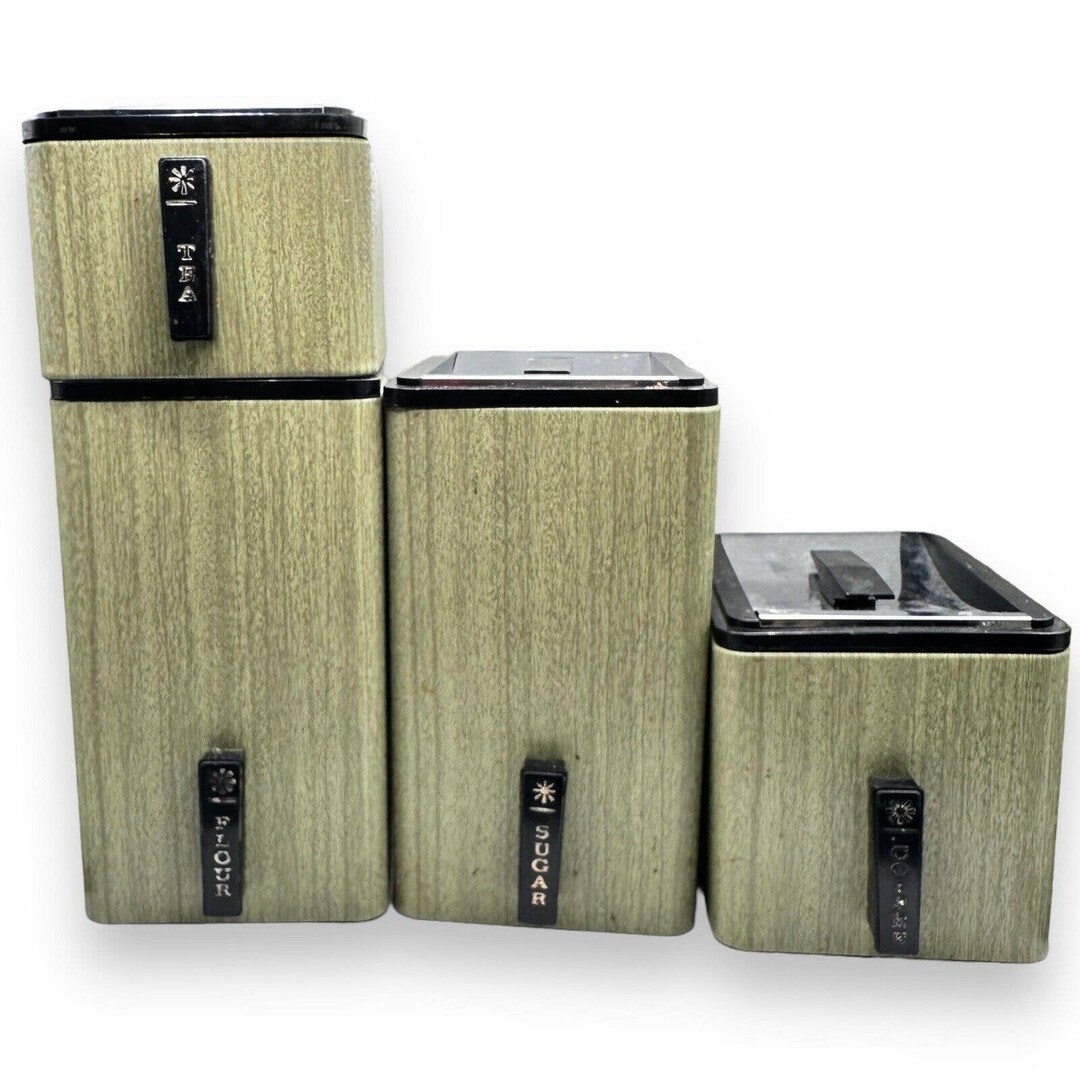 Vintage Kromex Kitchen Canister Set of 4 Green Faux Wood Pattern Kitsch ...
