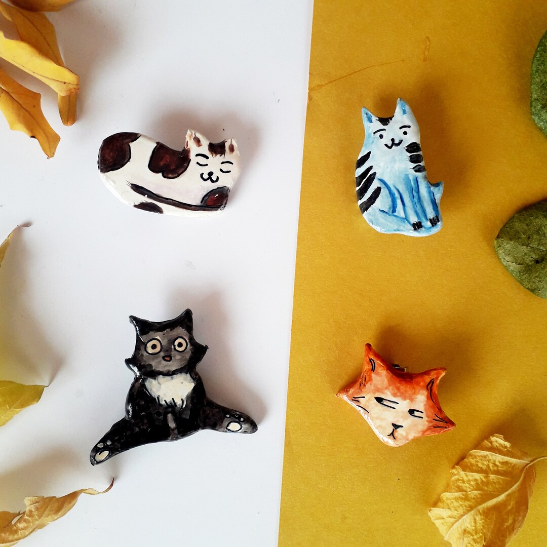 Funny Cat Pins, Clay Brooch Pins, Brooches for Cat Lovers, Cute Cat ...
